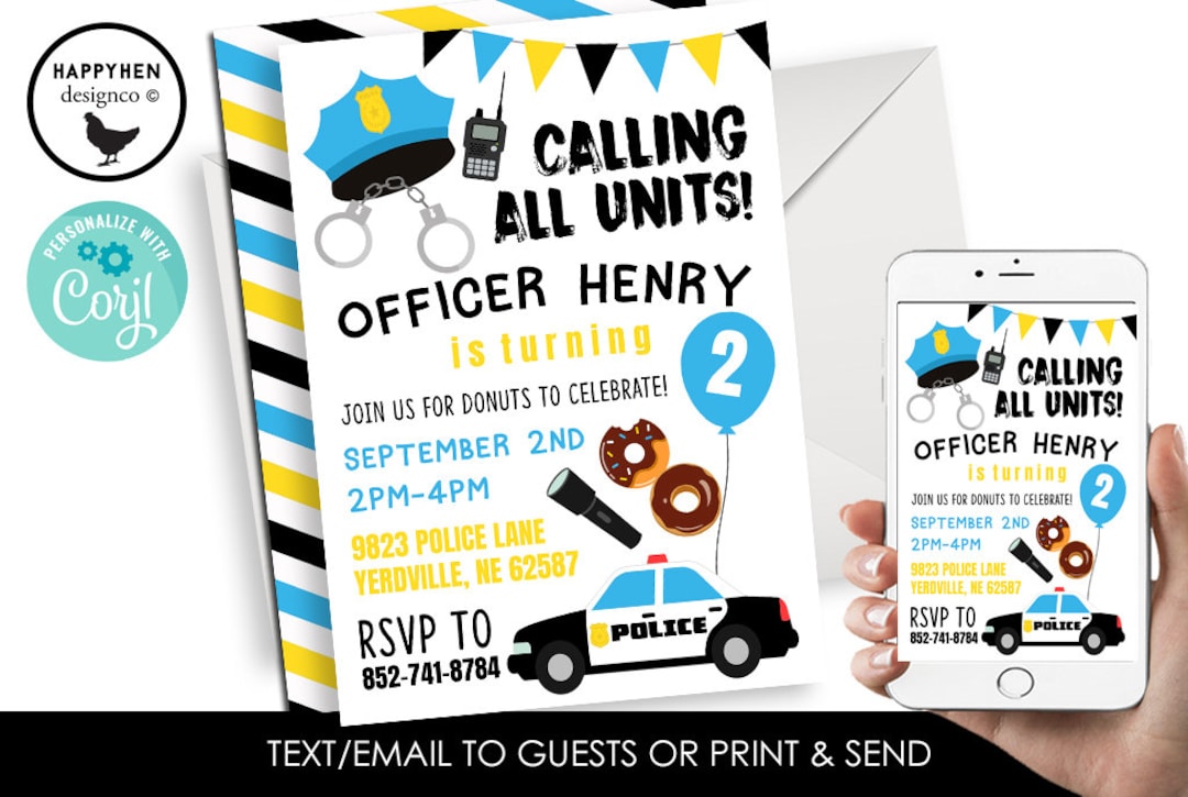 Editable Police Birthday Invitation Invite Digital 5x7 Cops Donuts ...