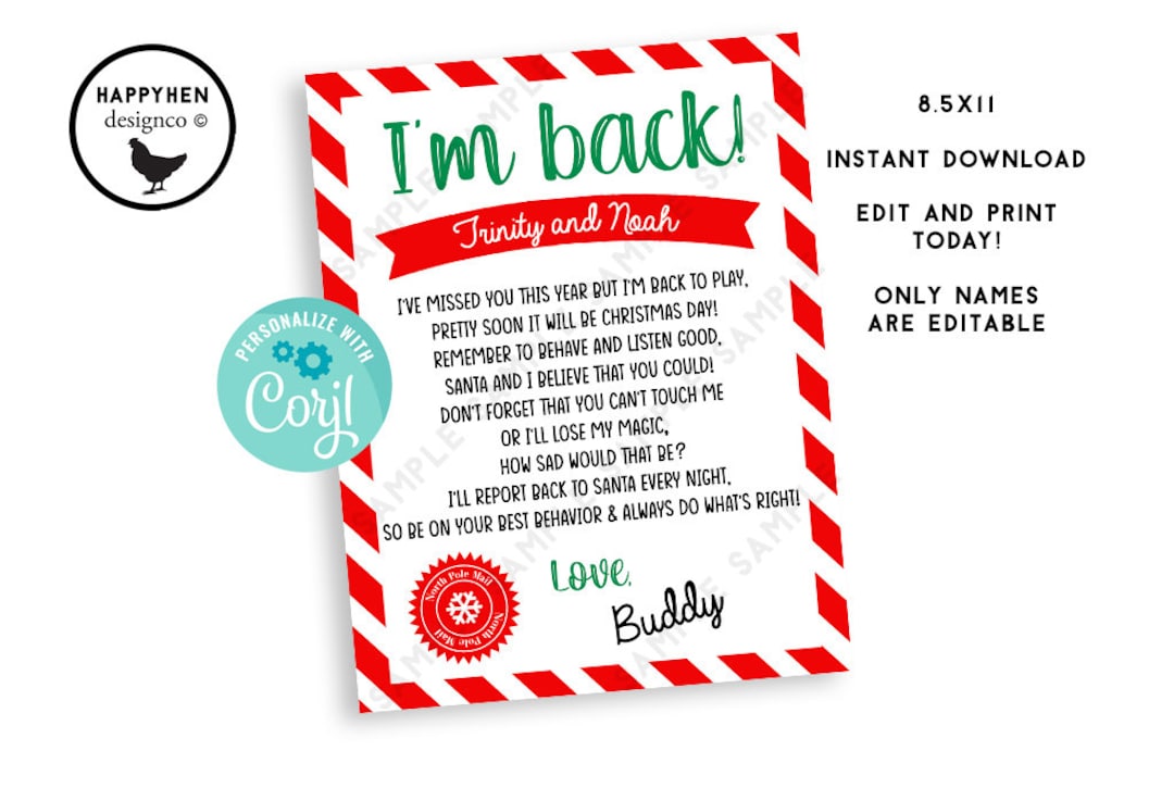 Editable Elf Welcome Back Letter Digital Christmas Elf Return Note 8 ...