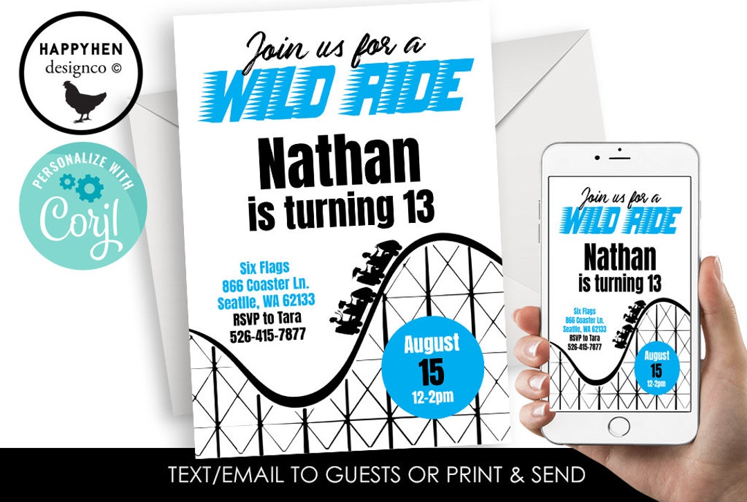 Editable Amusement Park Invitation Birthday Invite Wild Ride Theme Park ...