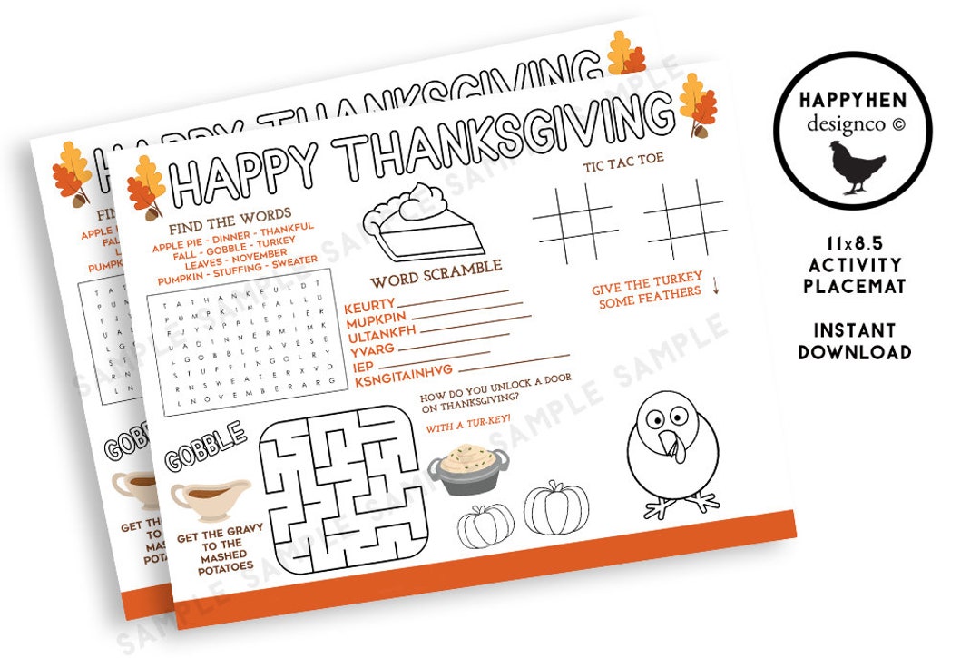 Thanksgiving Placemat Printable Activity Sheet Kids Table - Etsy