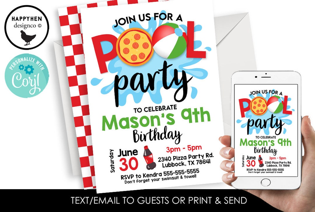 Editable Pizza Pool Party Invitation Invite Digital 5x7 Instant ...