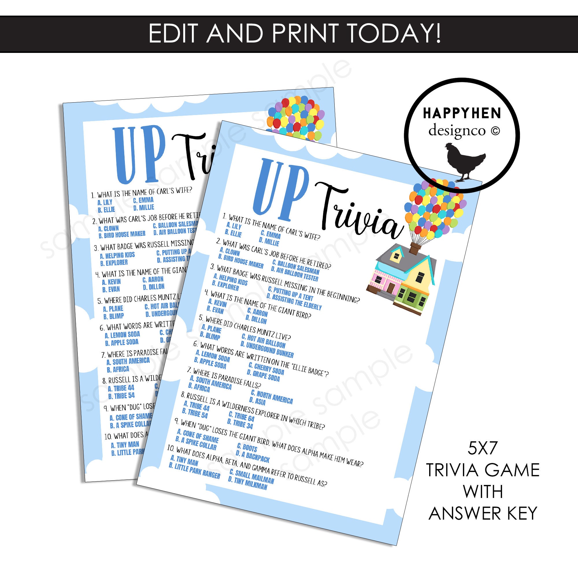 UP Trivia Game Printable 5x7 Instant Download Party Games Movie ...