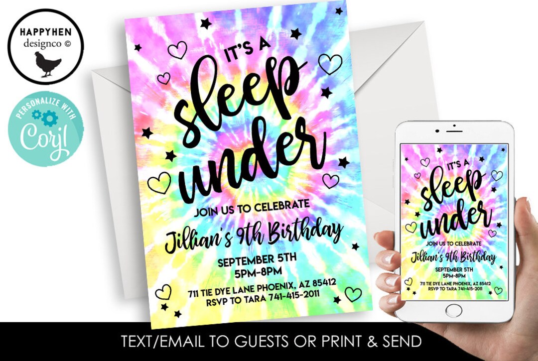 Editable Sleep Under Birthday Invitation Girls Tie Dye Digital 5x7 ...