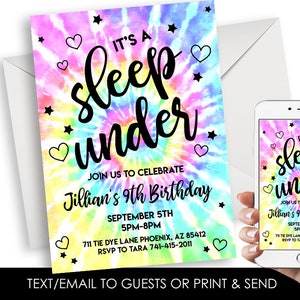 Editable Sleep Under Birthday Invitation Girls Tie Dye Digital 5x7 ...