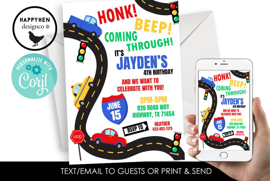Editable Car Invitation Birthday Invite Cars Trucks Automobile Digital ...