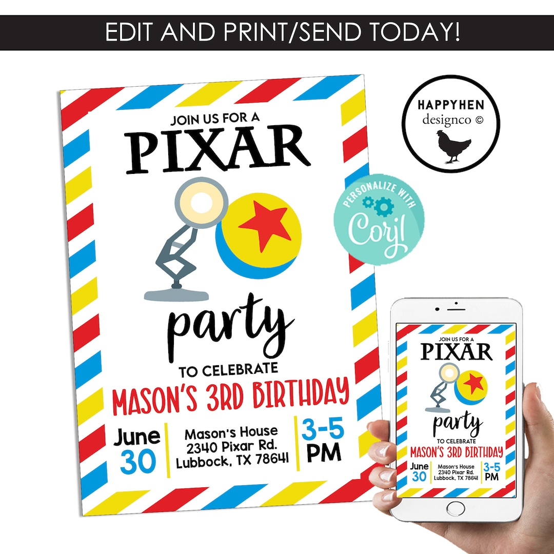 Editable Pixar Birthday Invitation 5x7 Digital Invite Instant Download ...
