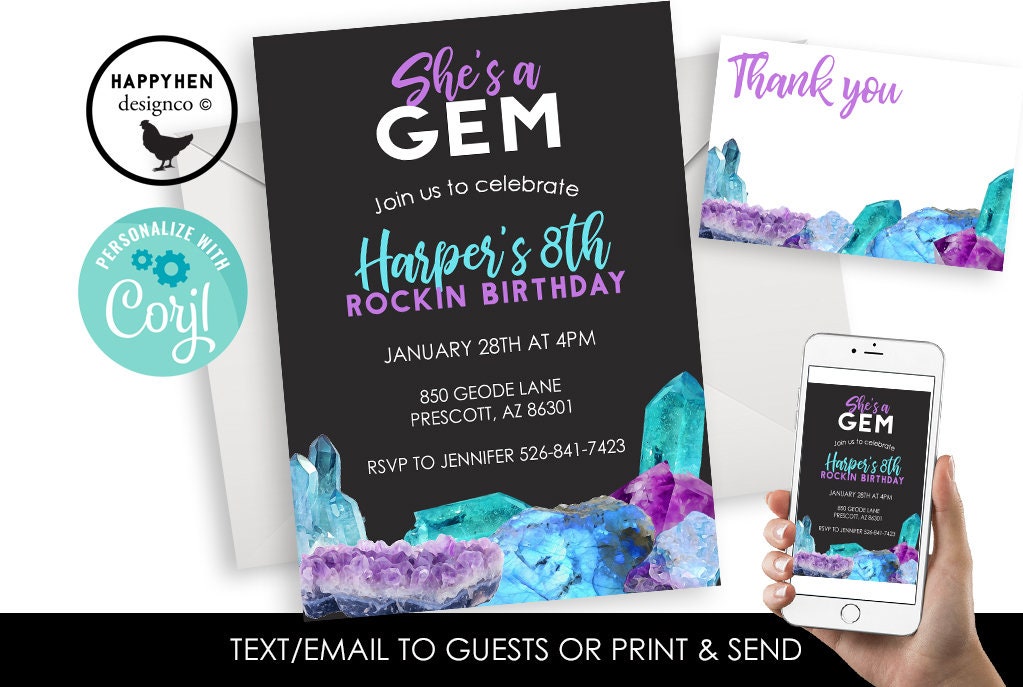 Editable Gemstone Invitation Invite Geode Crystals Birthday - Etsy