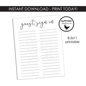 Guest Sign in Sheet Printable Digital Instant Download 8.5x11 Page ...
