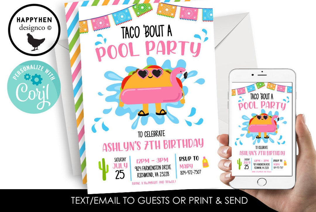 Editable Taco Pool Party Invitation Invite Birthday Kids Fiesta Splash ...
