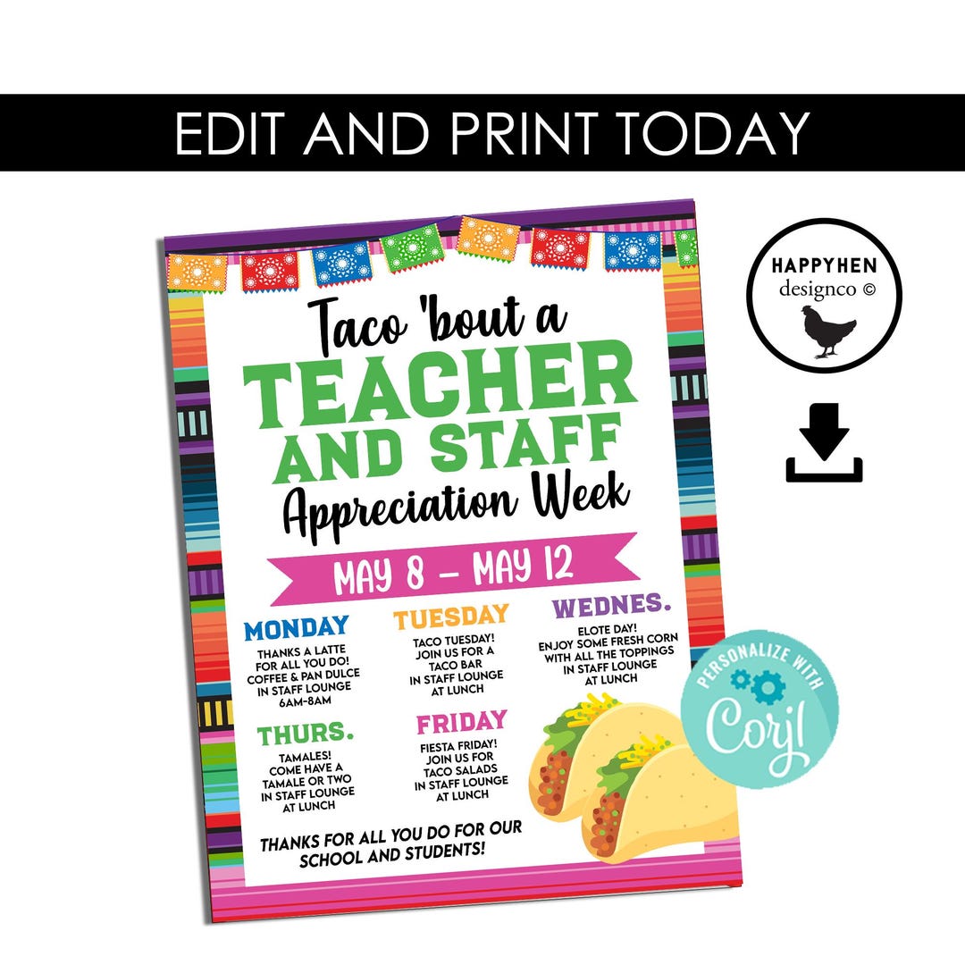 Editable Teacher Appreciation Week Flyer Taco Themed Fiesta Staff ...