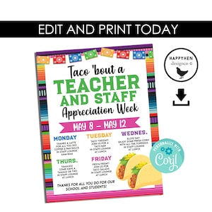 Editable Teacher Appreciation Week Flyer Taco Themed Fiesta Staff ...