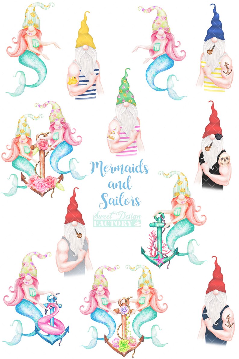 Summer Gnome Watercolor Clipart Mermaid Gnome Clipart Sailor | Etsy