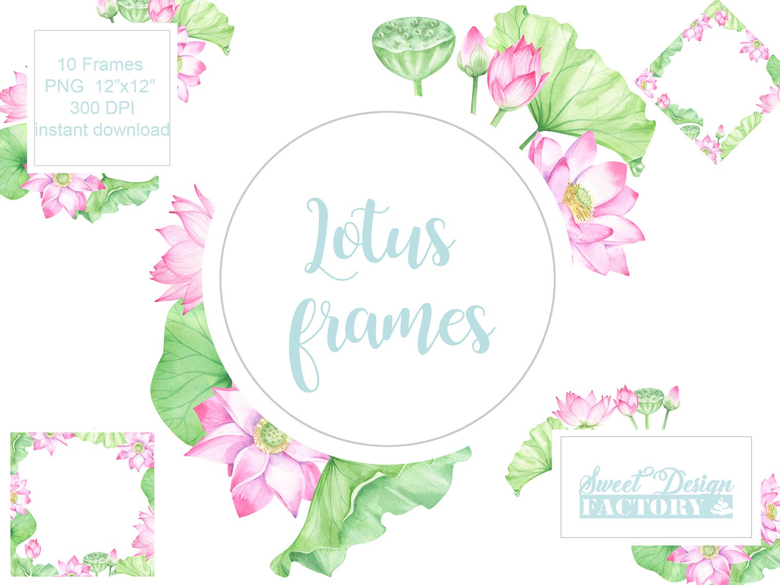 Watercolor Floral Frame Lotus Frame Wedding Clipart - Etsy