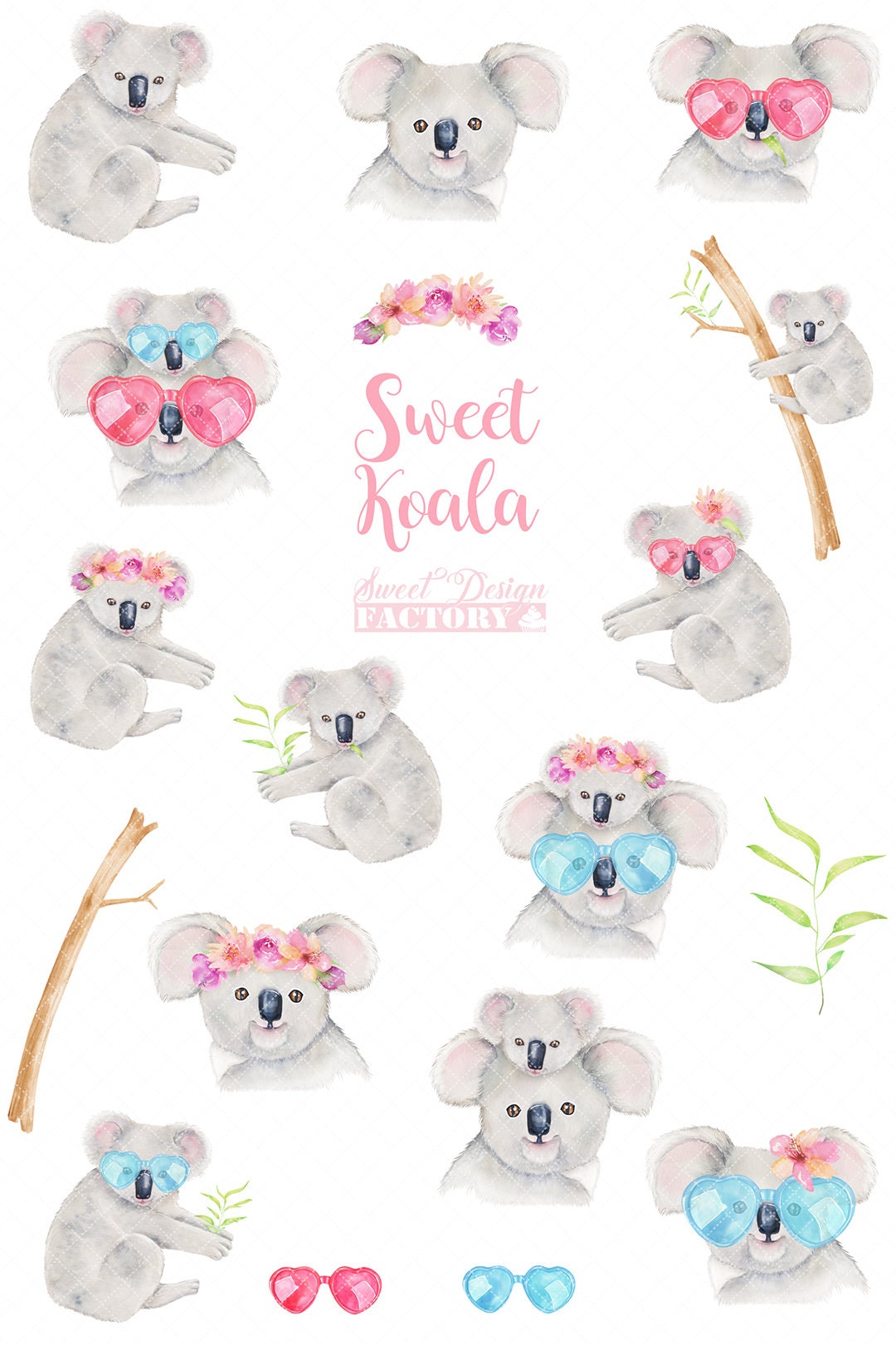 Koala watercolor clipart baby koala clipart floral clipart | Etsy
