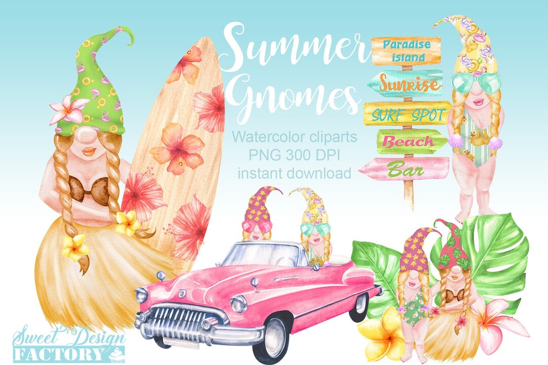 Summer Gnome Watercolor Clipart, Summer Clipart, Girl Gnome Clipart ...