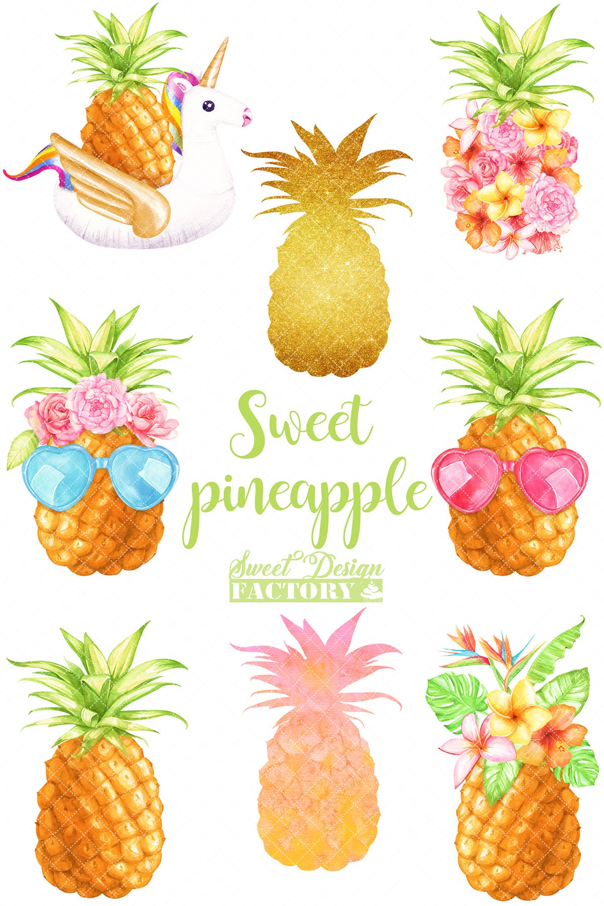 Pineapple Watercolor Clipart, Summer Clipart, Watercolor Flower Clipart ...