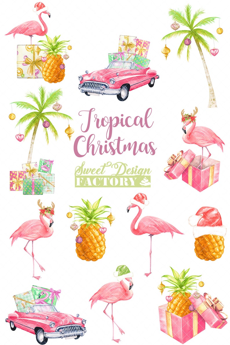 Tropical Christmas PNG Watercolor Clipart Flamingo | Etsy