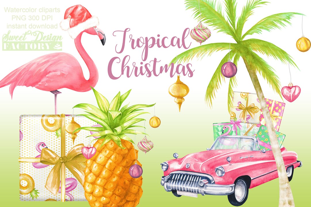 Noël tropical clipart, clipart de plage de Noël aquarelle, vacances ...