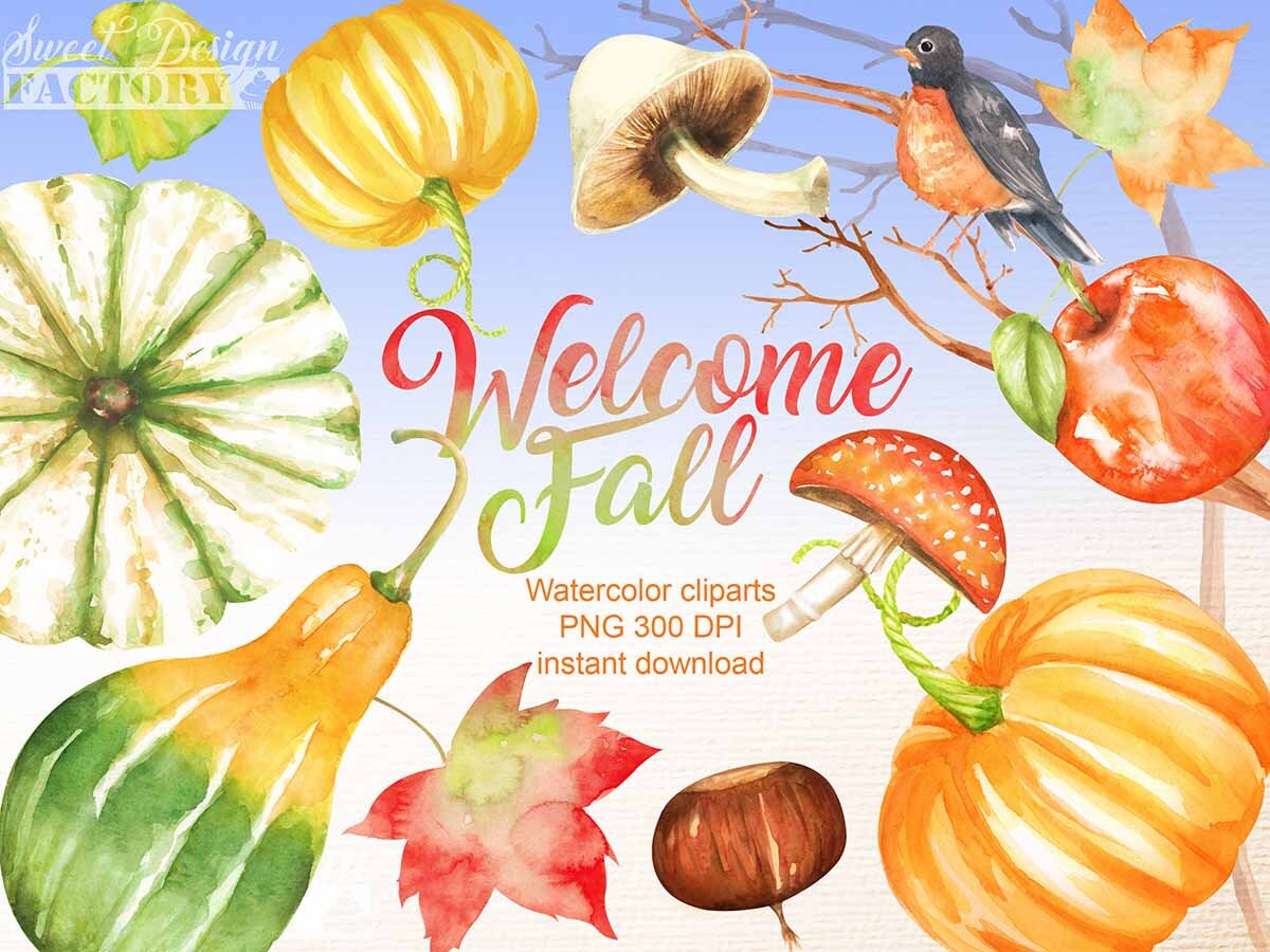 Watercolor Fall PNG Harvest Watercolor Clip Art Pumpkin PNG - Etsy