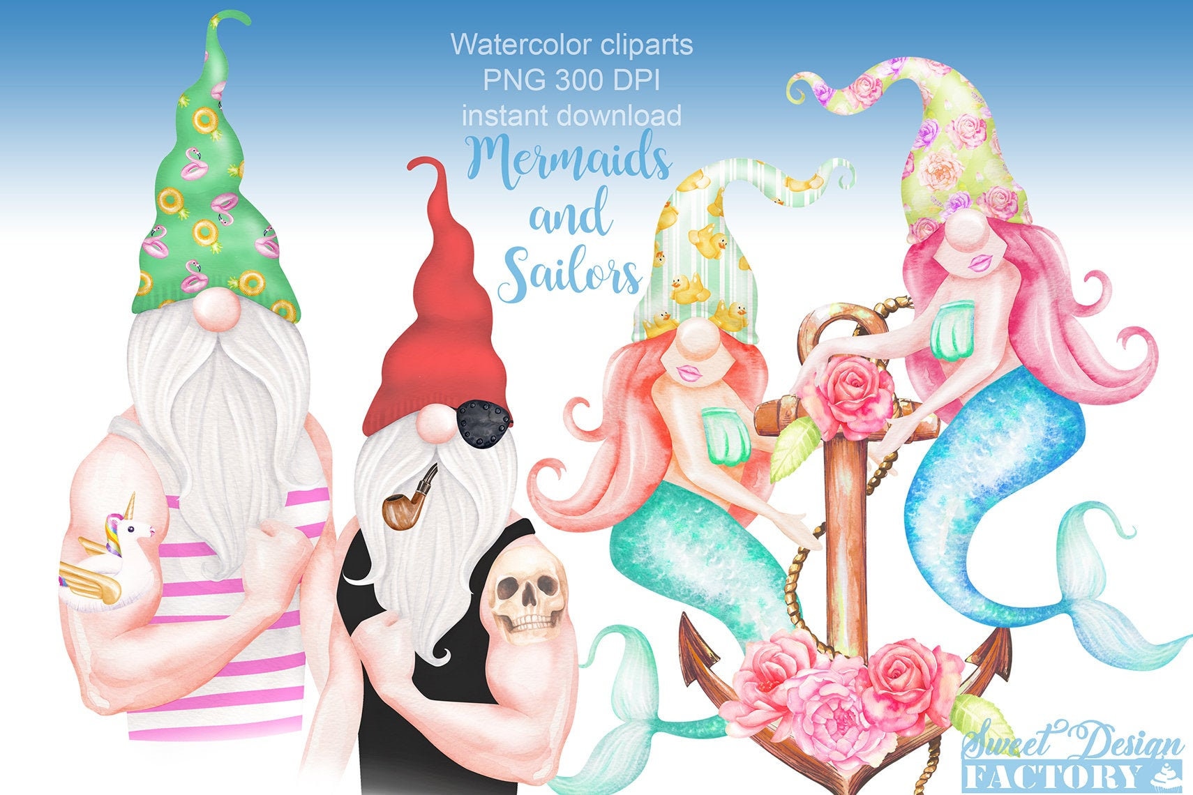 Summer Gnome Watercolor Clipart Mermaid Gnome Clipart Sailor | Etsy