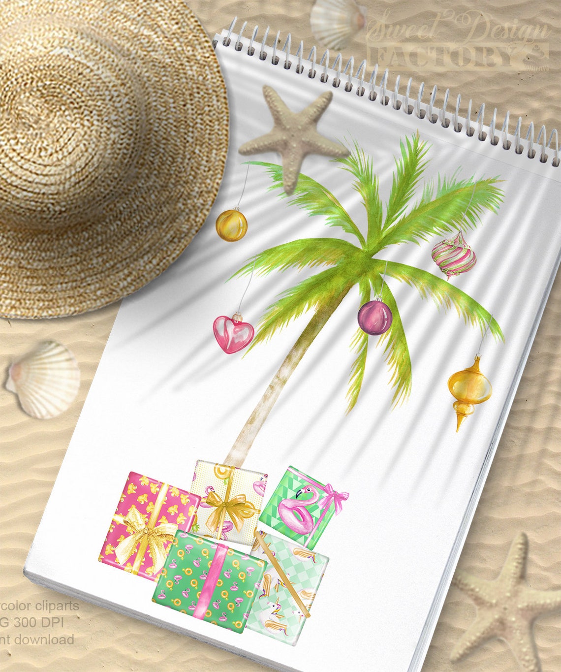 Noël tropical clipart, clipart de plage de Noël aquarelle, vacances ...