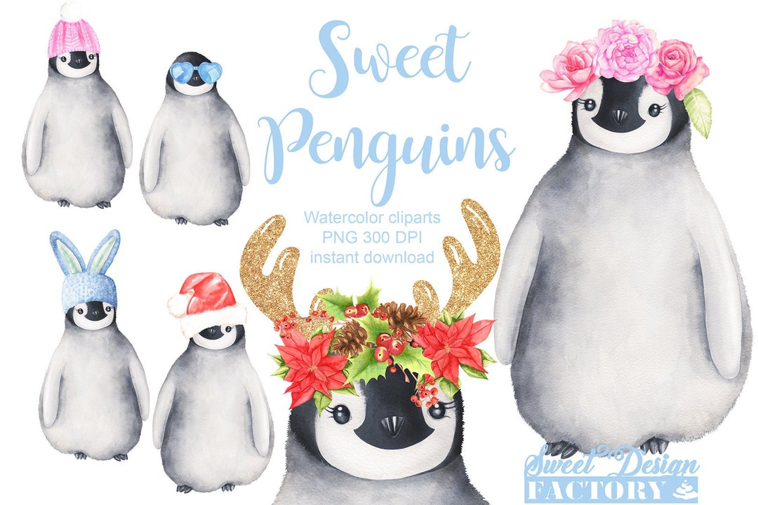 Penguin Watercolor Clipart, Watercolor Clipart, Christmas Penguin, Cute ...