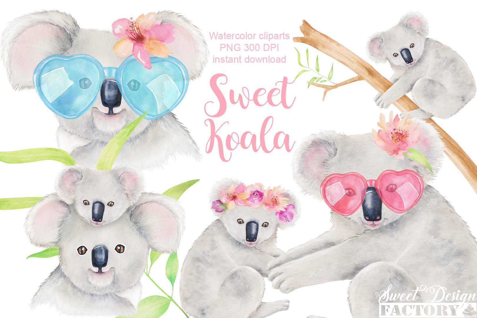 Koala watercolor clipart baby koala clipart floral clipart | Etsy
