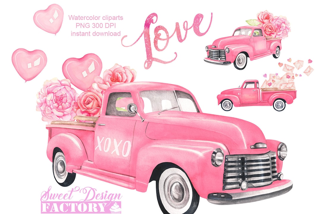 Valentines Truck Watercolor Clipart, Vintage Pink Truck, Wedding ...