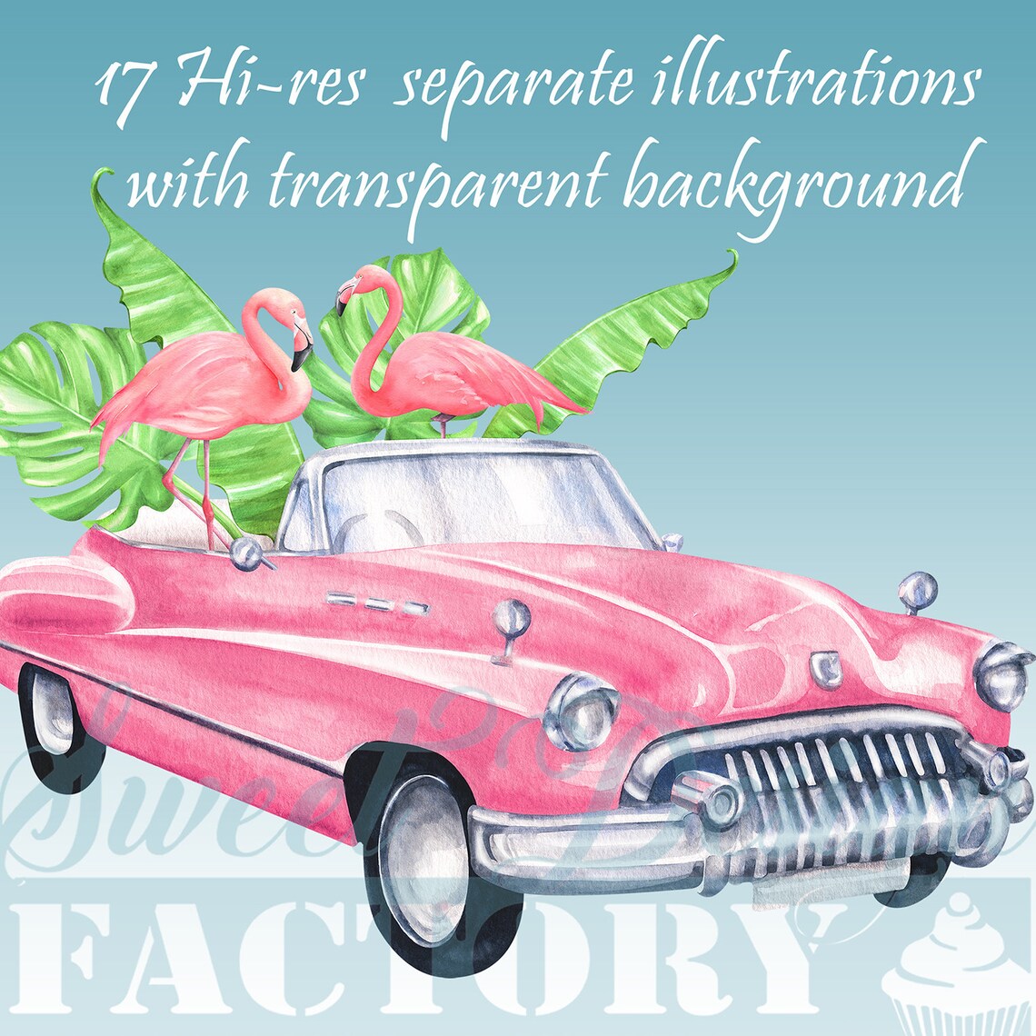 Watercolor Retro Car Clipart, Flamingo Clipart, Beach Clipart, Palm ...