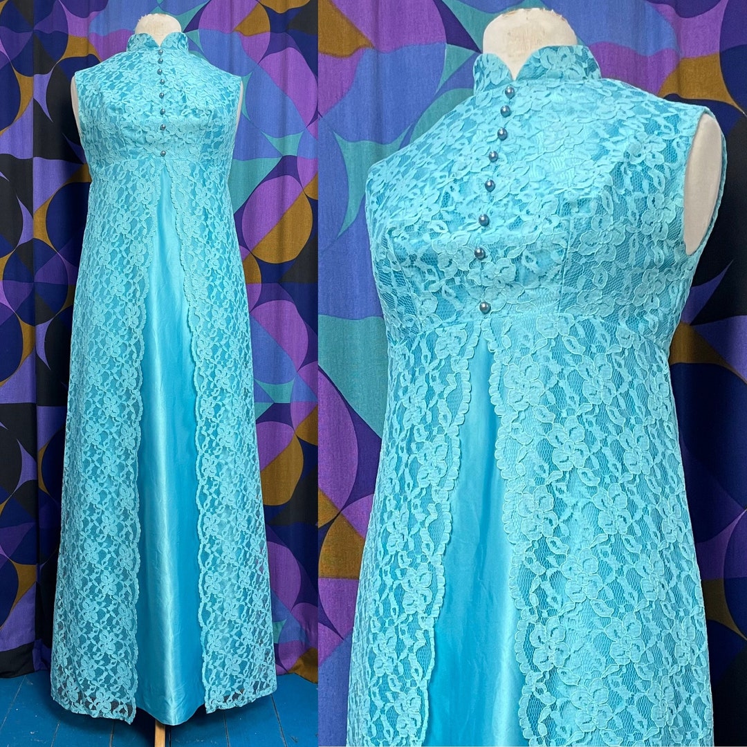 Gorgeous Vintage 60s Blue Lace Layered Sleeveless Empire Line Maxi ...