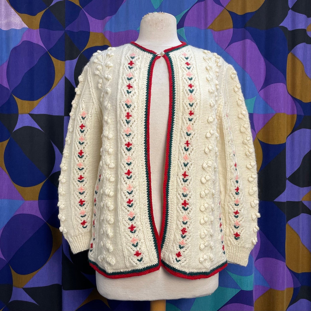 Beautiful Vintage 70s 80s Cream Red and Green Popcorn Knit - Etsy