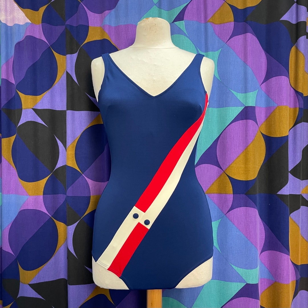Amazing Vintage 60s Navy Blue, Red and White Mod Striped Swimsuit ...