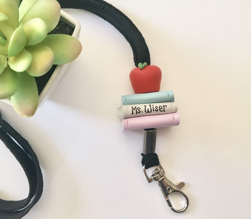 Personalized Teacher lanyard books and apple Id holder | Etsy