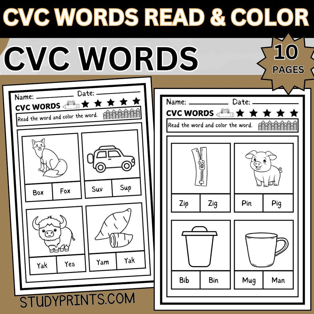 CVC Words Read & Color Worksheets | Kindergarten Literacy Activity - Etsy
