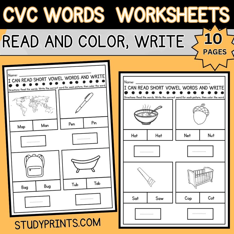 CVC Words Read and Color & Write | Short Vowel CVC Worksheets ...