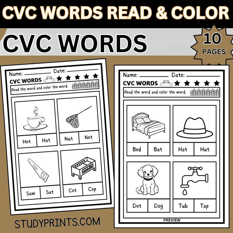 CVC Words Read & Color Worksheets | Kindergarten Literacy Activity - Etsy