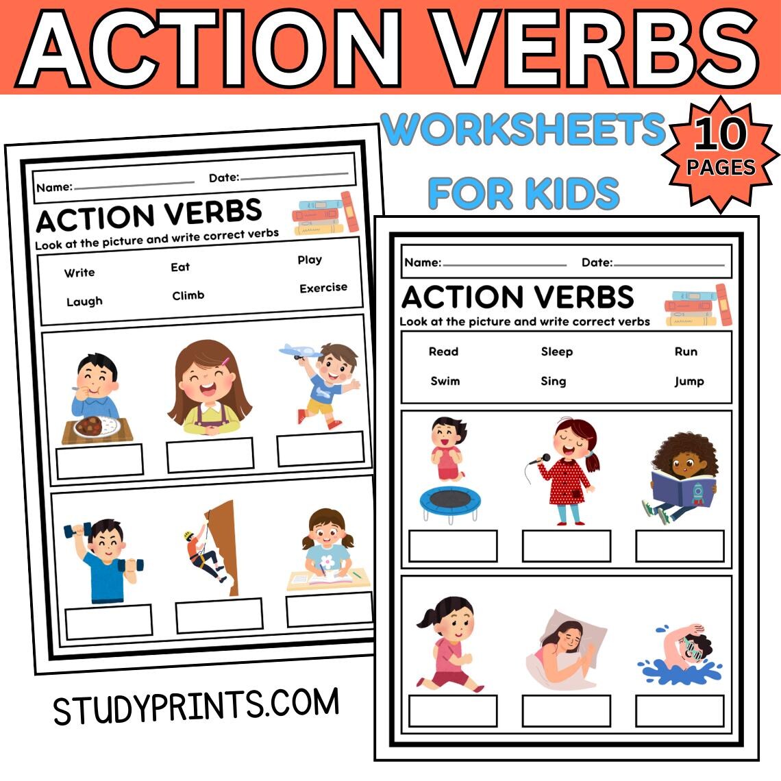 Action Verbs Worksheets for Kids Printable - Etsy