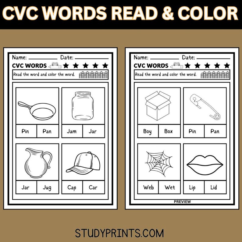 CVC Words Read & Color Worksheets | Kindergarten Literacy Activity - Etsy