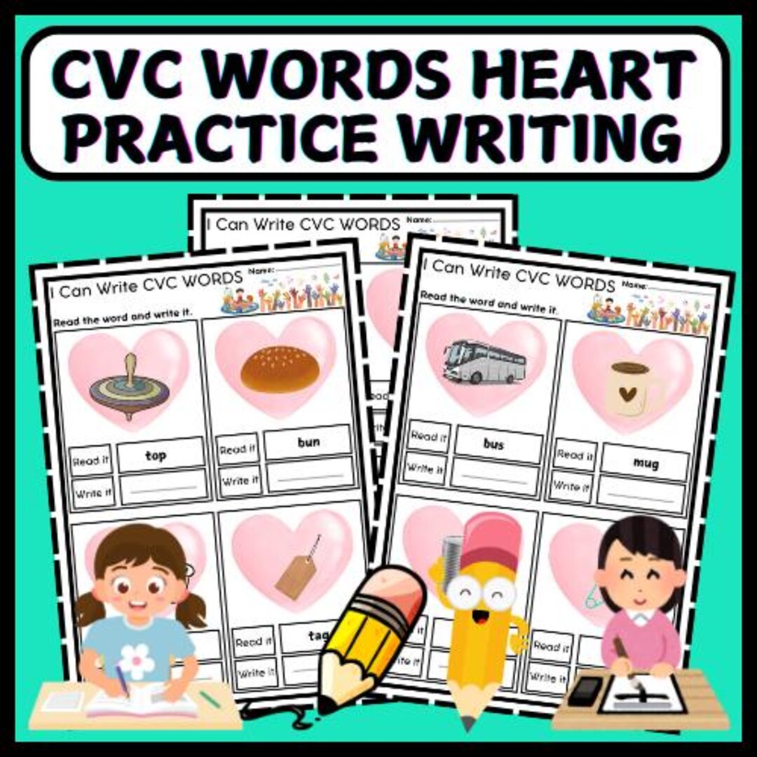 Practice Writing CVC Words Heart Worksheets for Kindergarten - Etsy