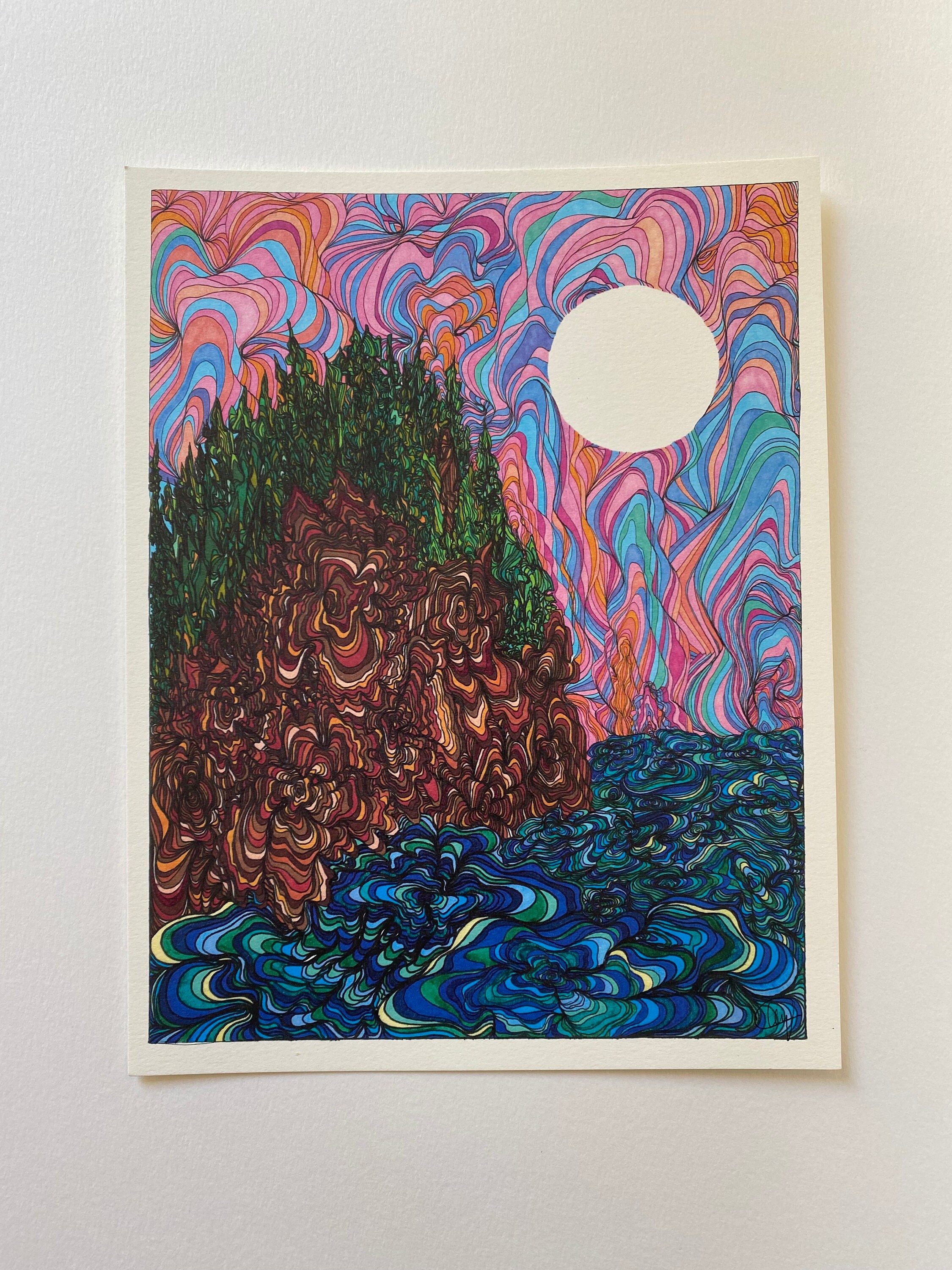 Moon, Mountain and Sea Technicolor Line Drawing - Etsy