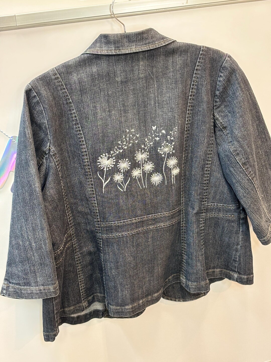 Boho Jean Jacket Embroidered Dandelion Embellished Upcycled Dark Blue ...