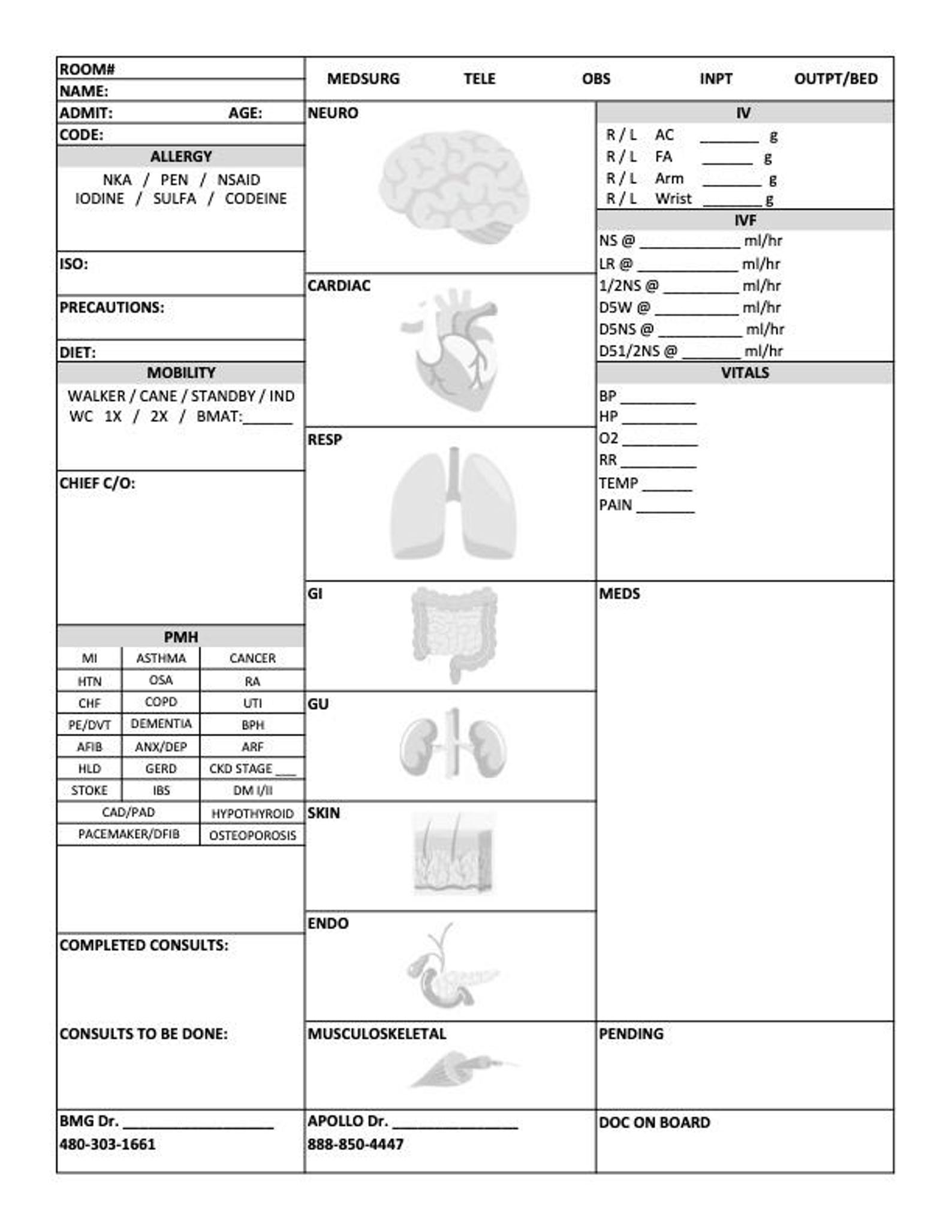 Nurse Report Sheet | Printable RN Handoff Sheet for ICU, Med-surg ...