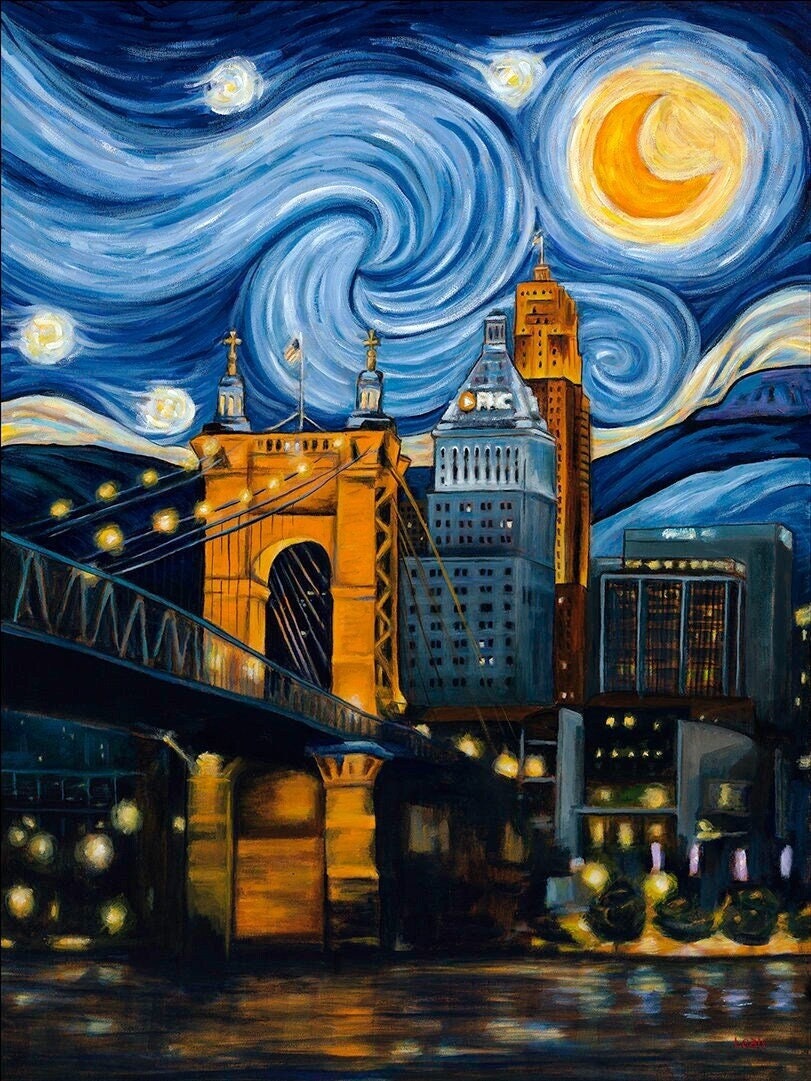 Starry Night Roebling Bridge Cincinnati - Limited Edition - Matted Fine ...