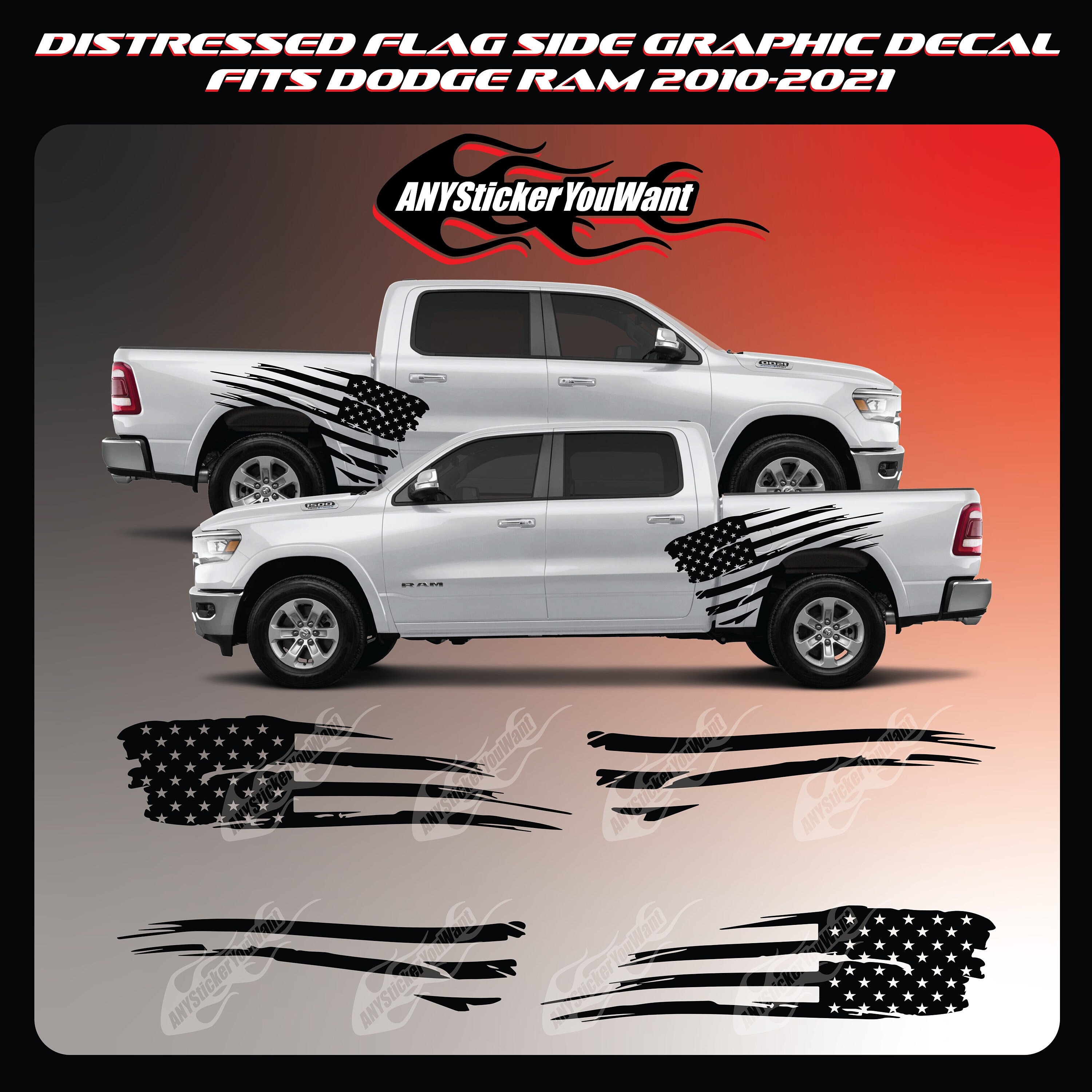 Distressed USA Flag Side Graphic Vinyl Decal Fits Dodge RAM 2010-2021 ...