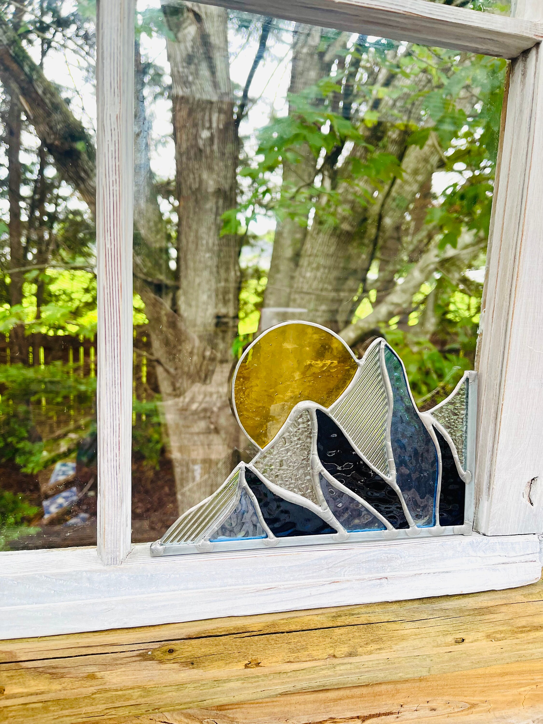 Winter Mountain Scene Stained Glass Corner Panel//blue Stained - Etsy