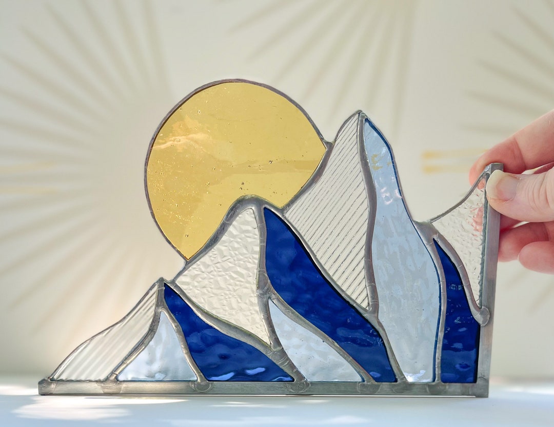 Winter Mountain Scene Stained Glass Corner Panel//blue Stained Glass - Etsy