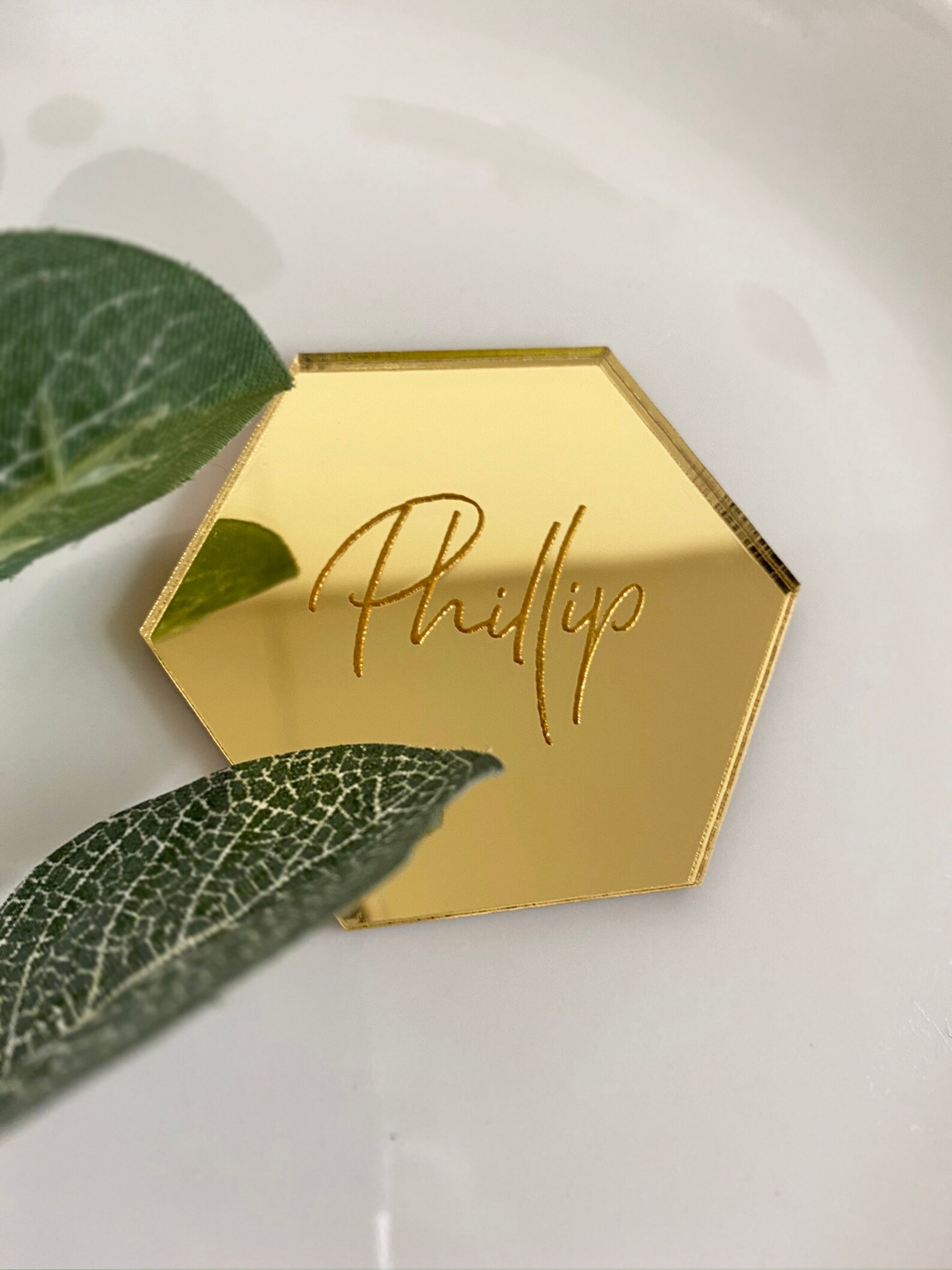 Mirrored Acrylic Hexagon Wedding Name Place Setting - Perspex Engraved ...