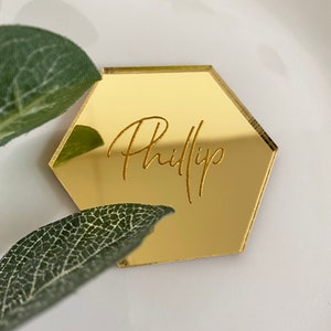 Mirrored Acrylic Hexagon Wedding Name Place Setting - Perspex Engraved ...