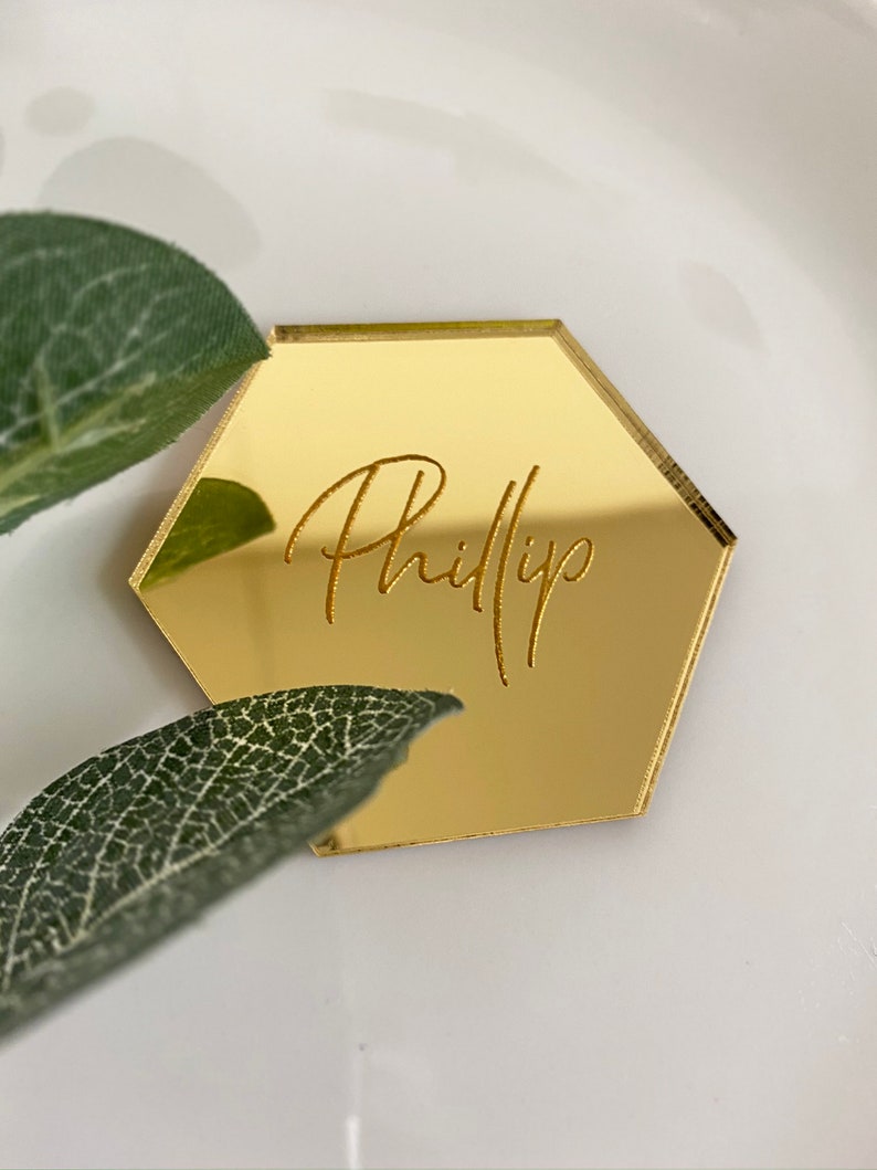 Mirrored Acrylic Hexagon Wedding Name Place Setting - Perspex Engraved ...