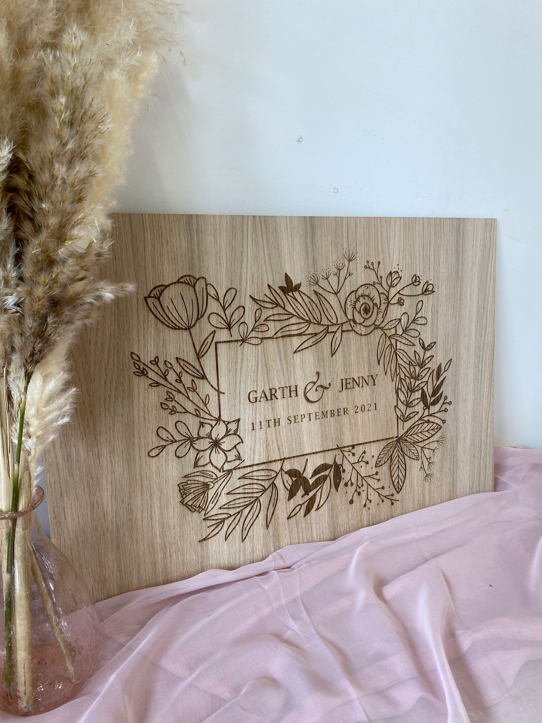 Floral Welcome Wedding Sign Oak Laser Engraved Board - Wedding Signs ...